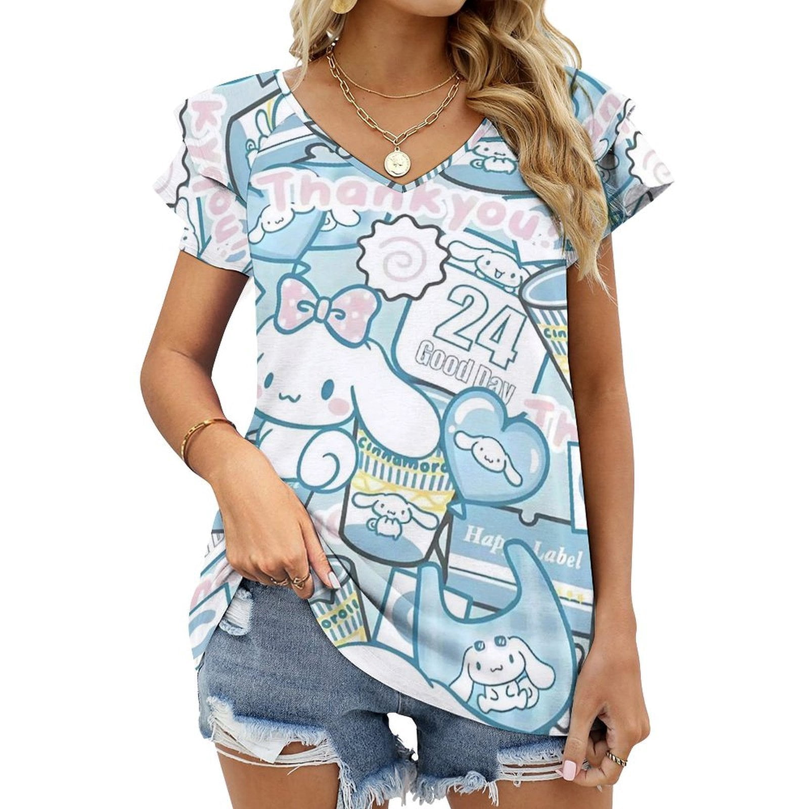 Cinnamoroll Womens Summer Tops Ruffle Short Sleeve Tunic Tops V Neck ...