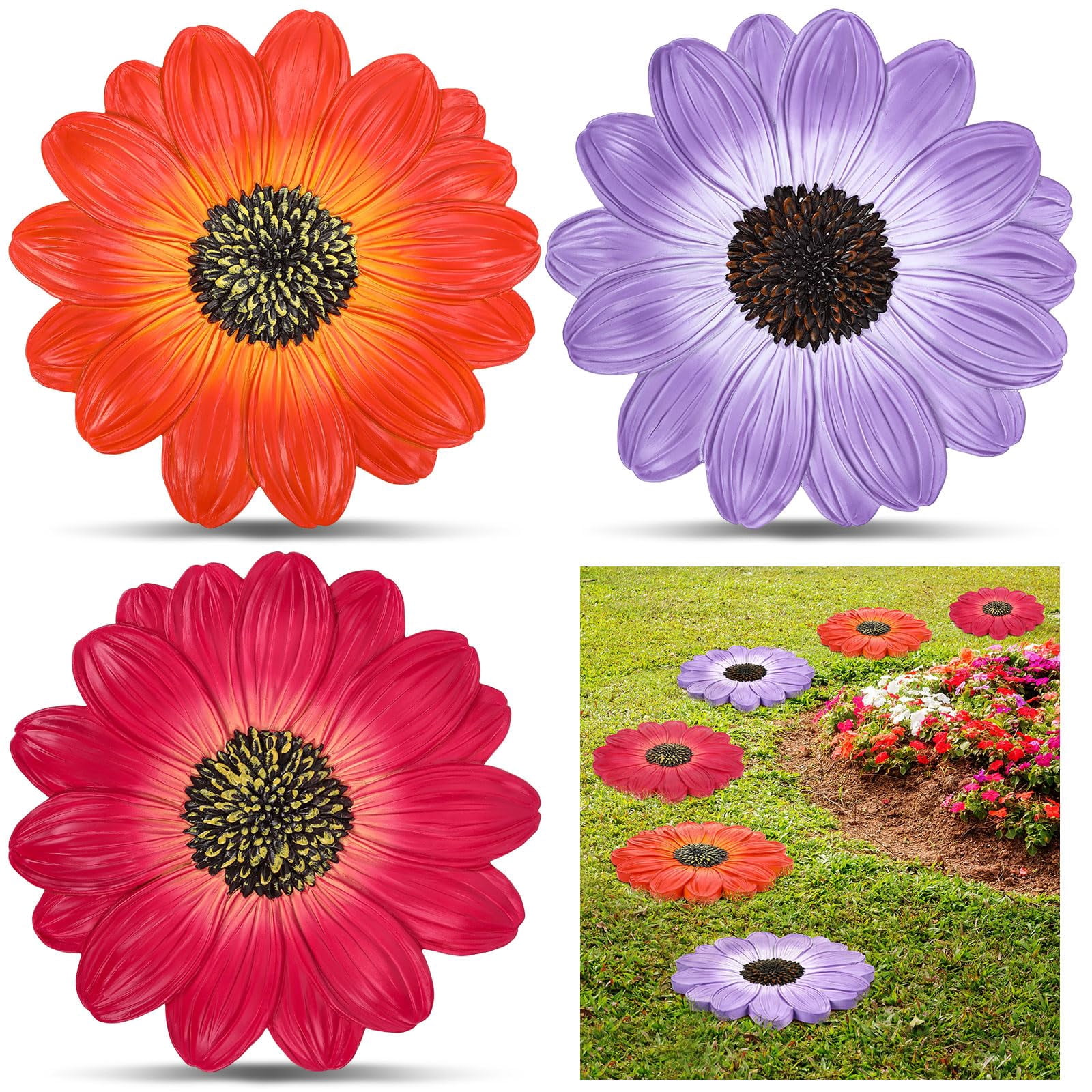 Cinnvoice 3 Pack Daisy Stepping Stones 10 Inch Resin Decorative Step ...