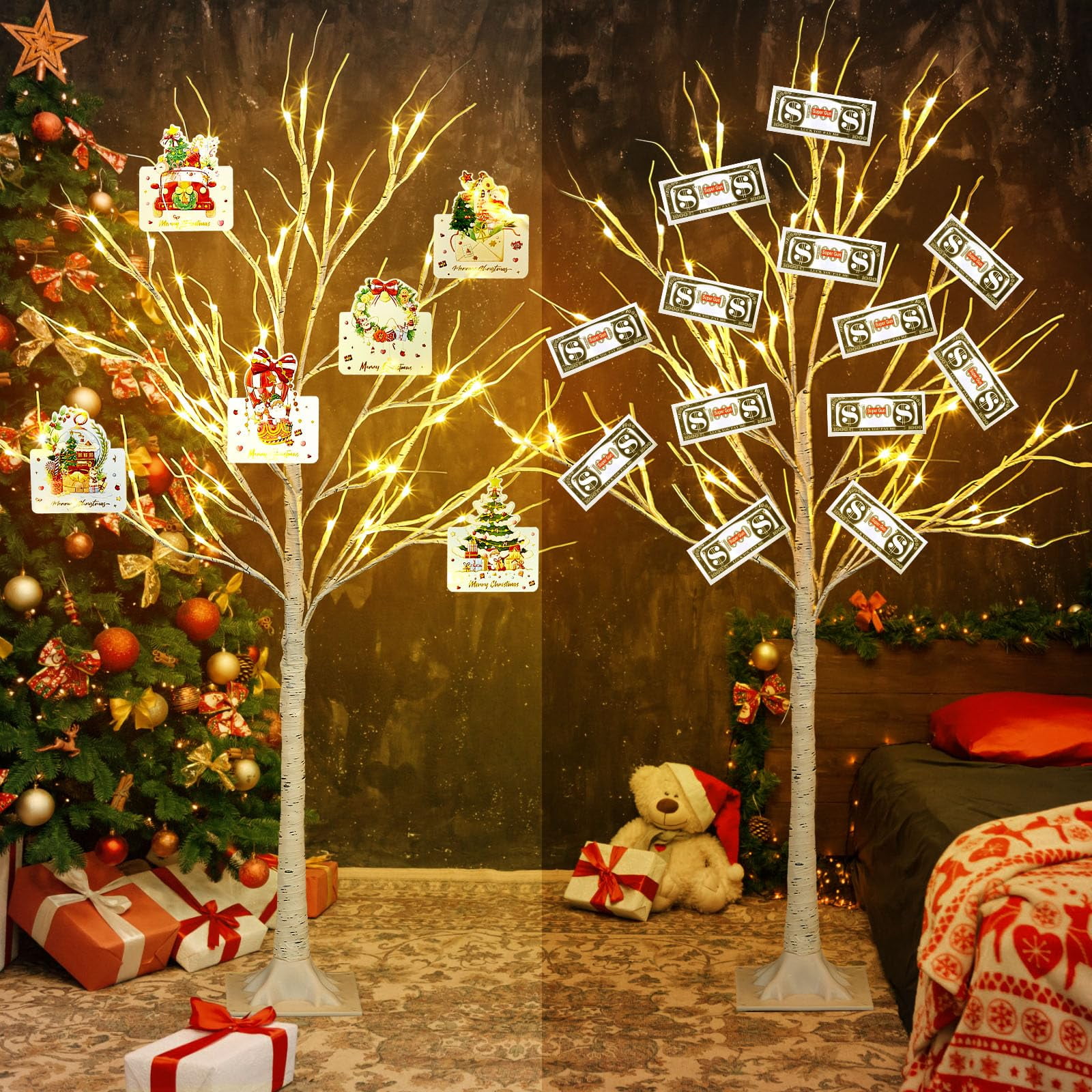 Cinnvoice 4ft Gift Card Tree Holder Lighted Birch Tree Money Tree with ...