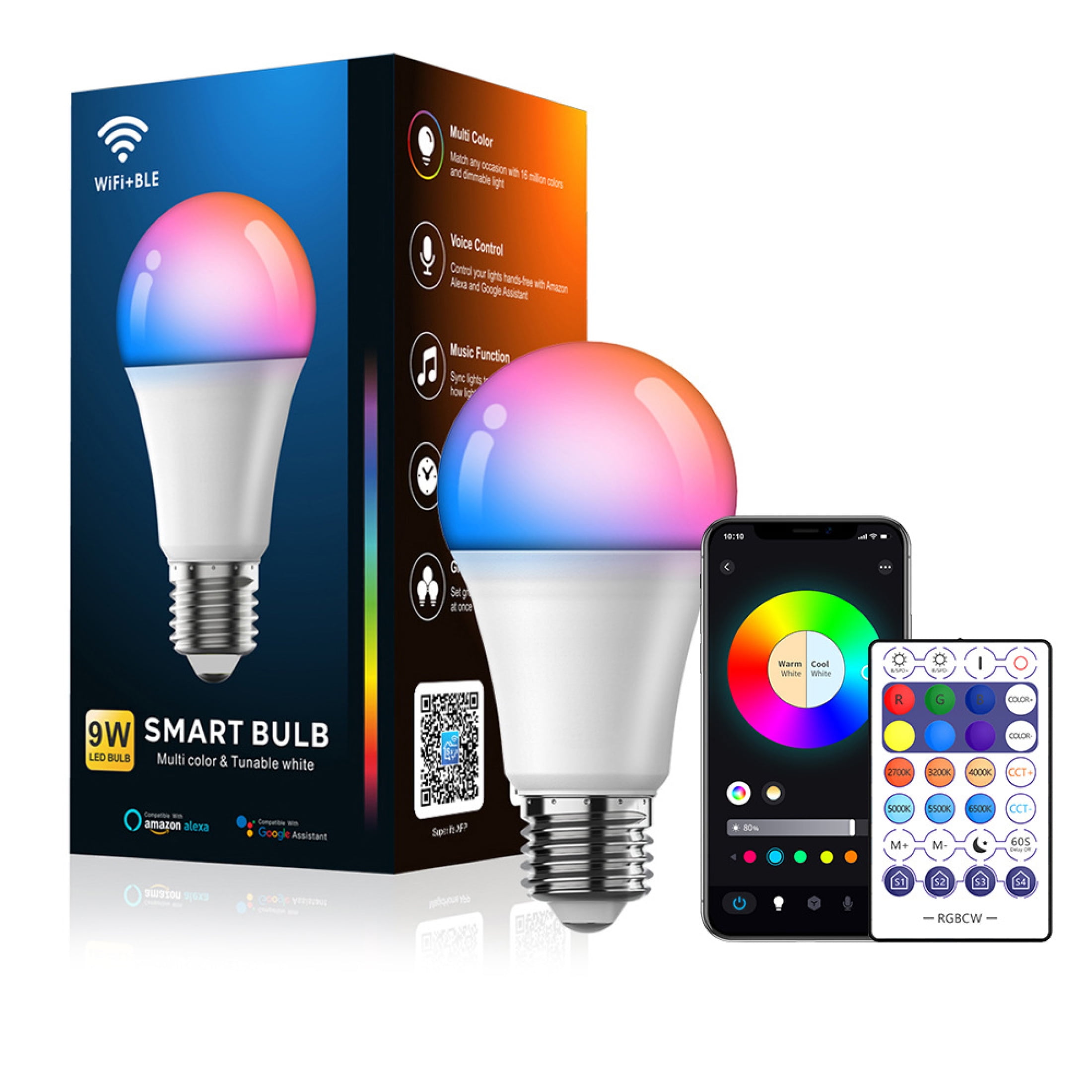 Cinny Smart Light Bulbs, WiFi Full Color Changing Light Bulb, Music Sync, Warm to Cool White ...