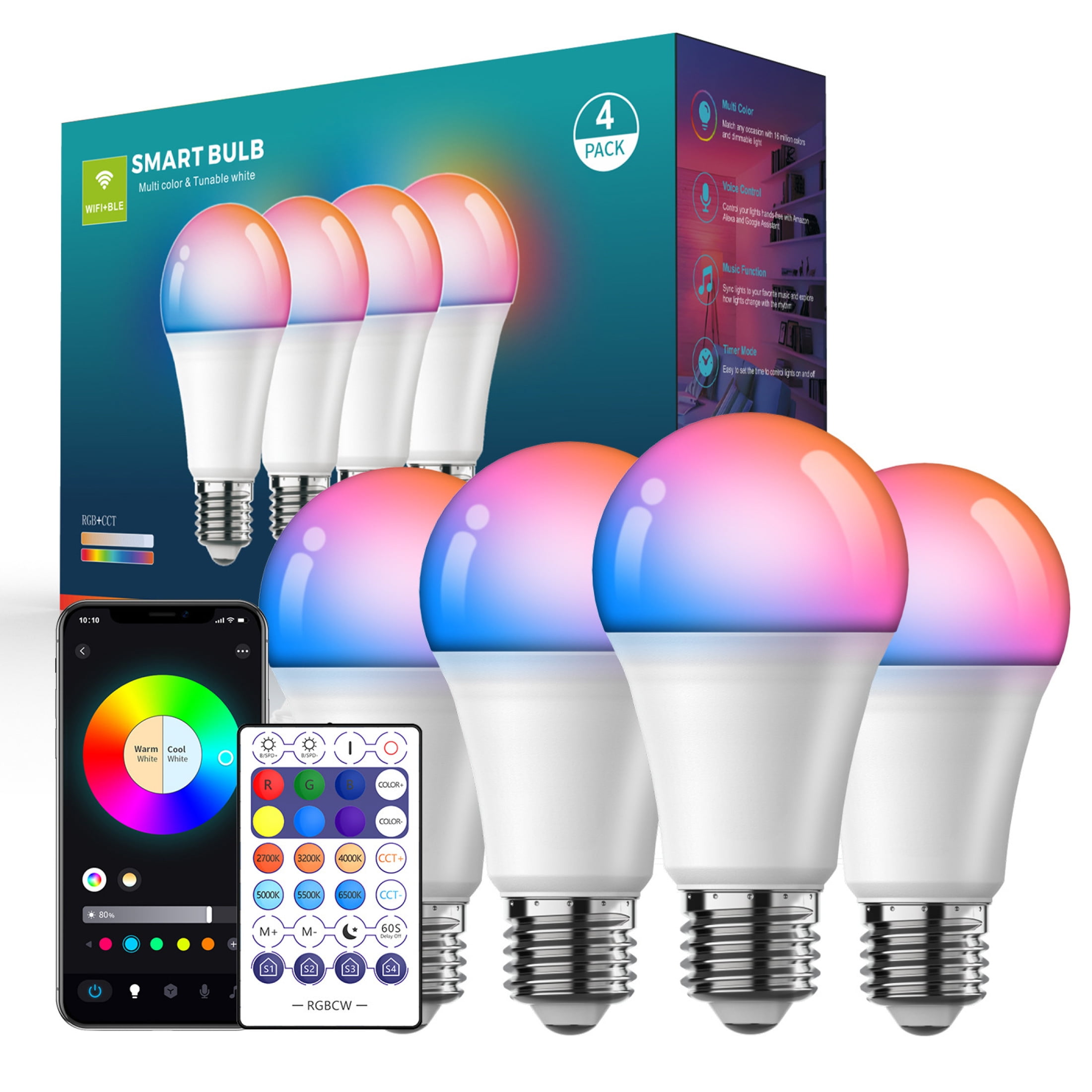 Cinny Smart Light Bulbs, WiFi Full Color Changing Light Bulb, Music Sync, Warm to Cool White ...