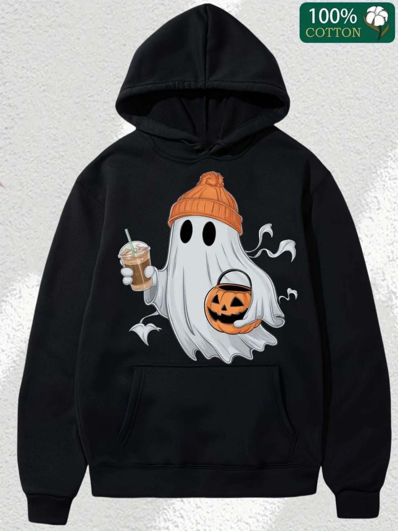 Cinolinkintera Men's Cotton Hoodie Halloween Ghost Pumpkin Drink Coffee ...