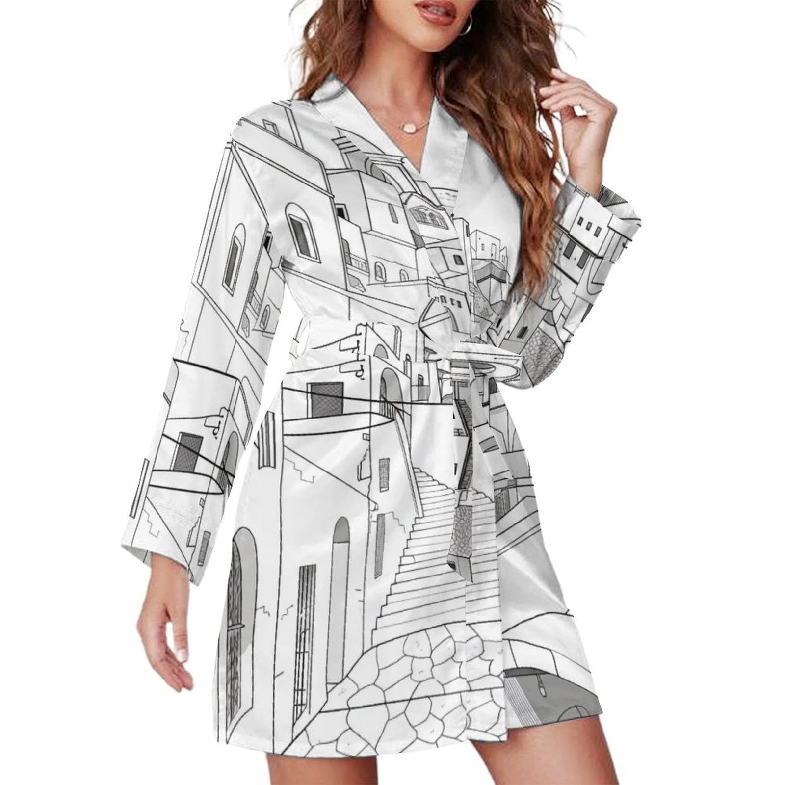 Cinque Terre Italy Town Night Robe Long Sleeve V Neck Robe With Belt ...