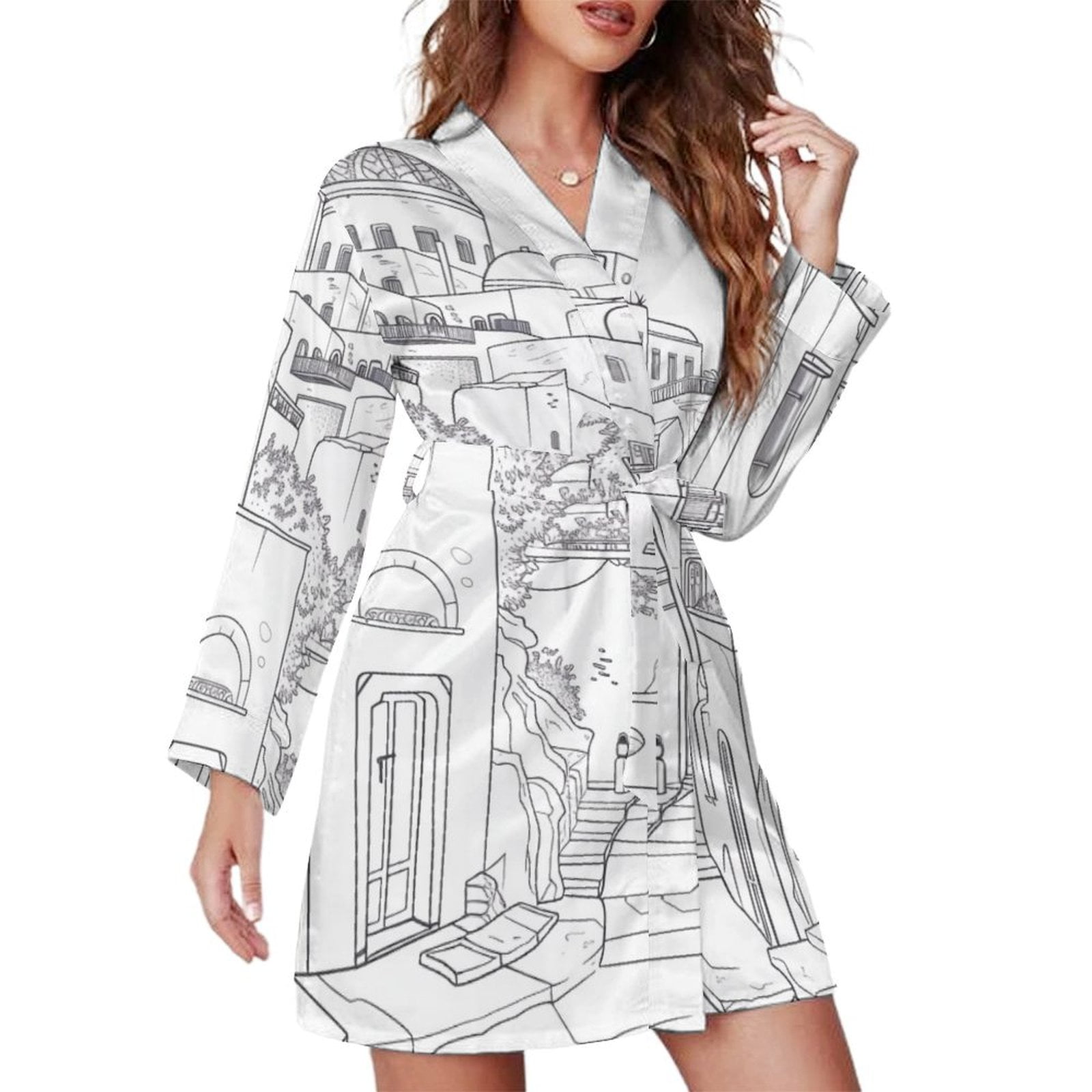 Cinque Terre Italy Town Night Robe Long Sleeve V Neck Robe With Belt ...