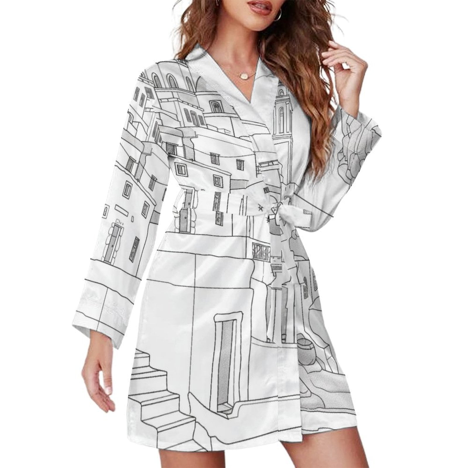 Cinque Terre Italy Town Night Robe Long Sleeve V Neck Robe With Belt ...