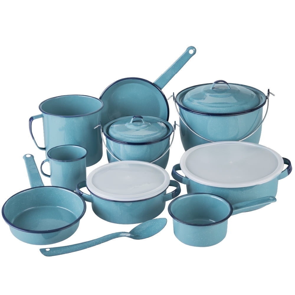 Cinsa 14-Piece Enameled Steel Cookware Set, Turquoise Blue, Durable ...