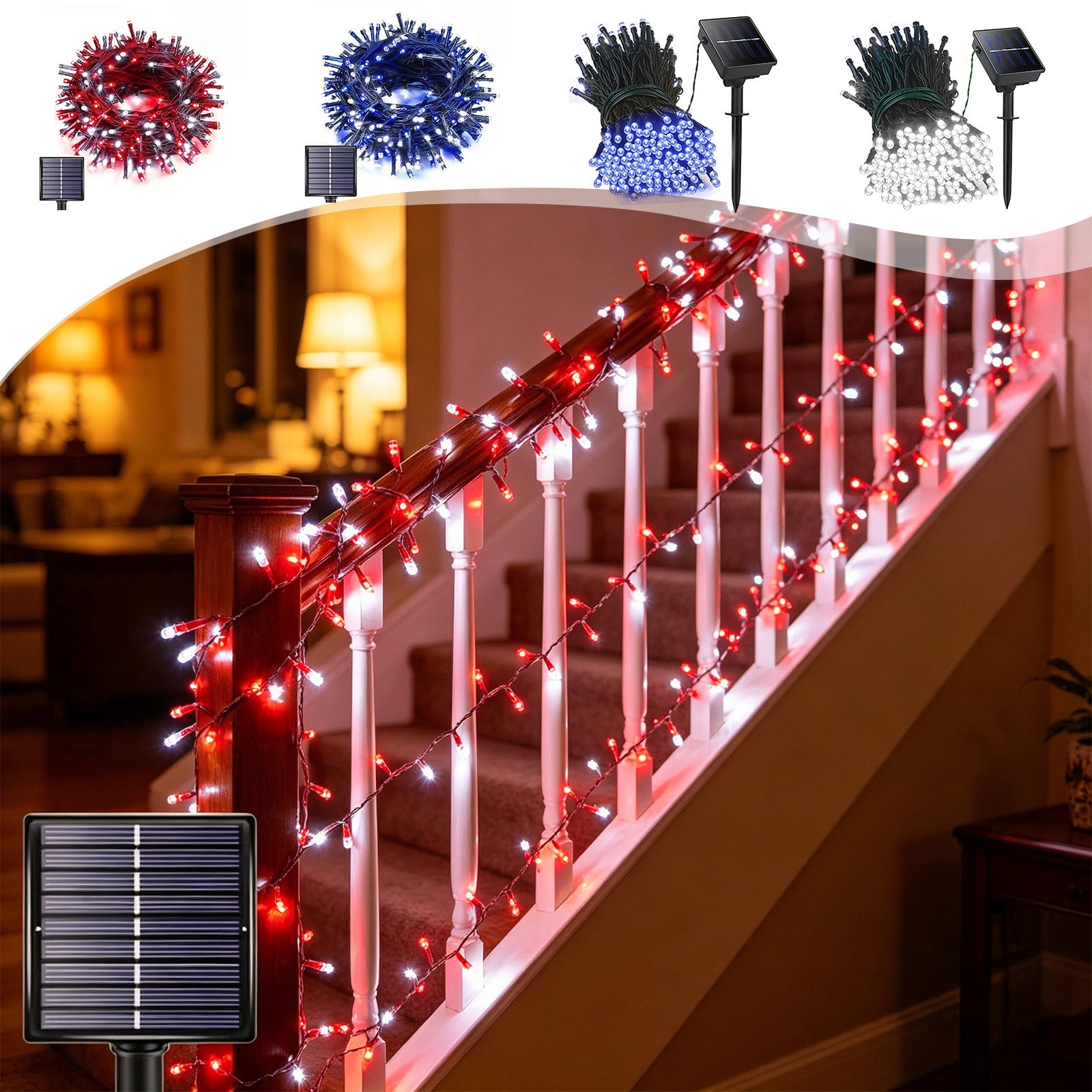 Cinvoph 39ft Solar String Lights, Waterproof Outdoor Red White Blue LED ...