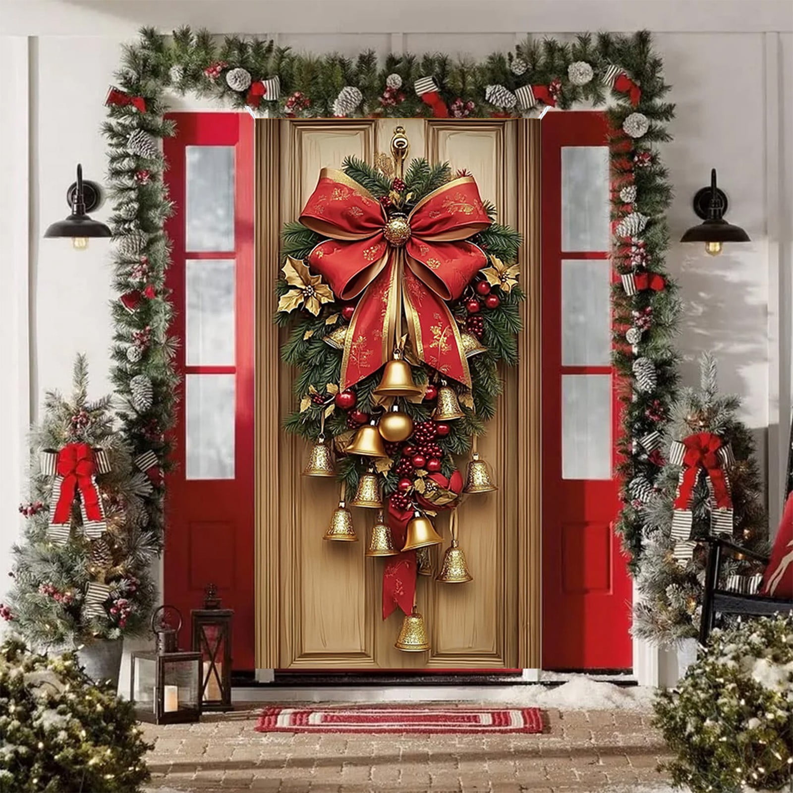 Cinvoph Christmas Door Cover - Bell Berry Bow Front Door Holiday Banner ...