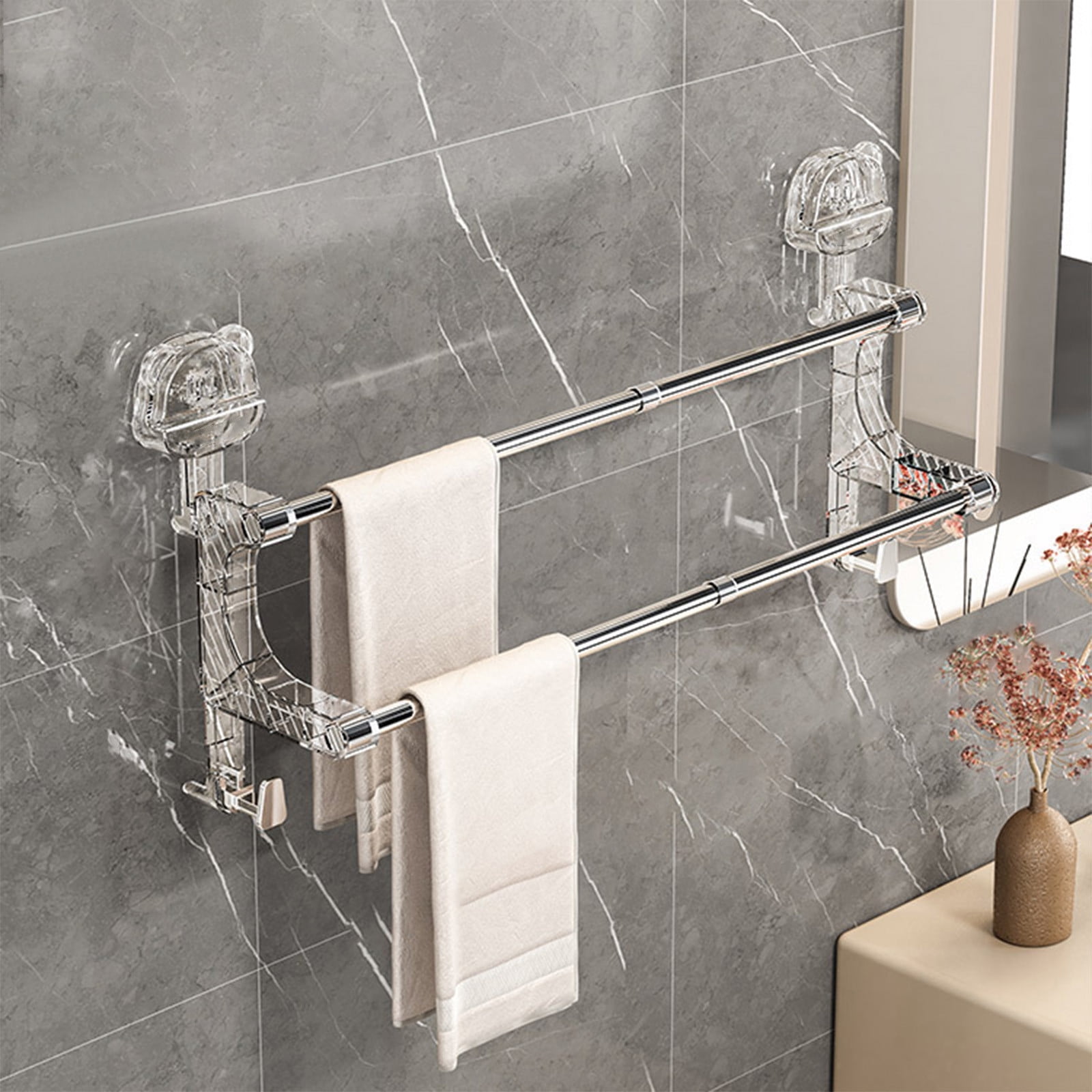 Cinvoph Double Rod Retractable Towel Rack Suction Cup Drilling Free ...