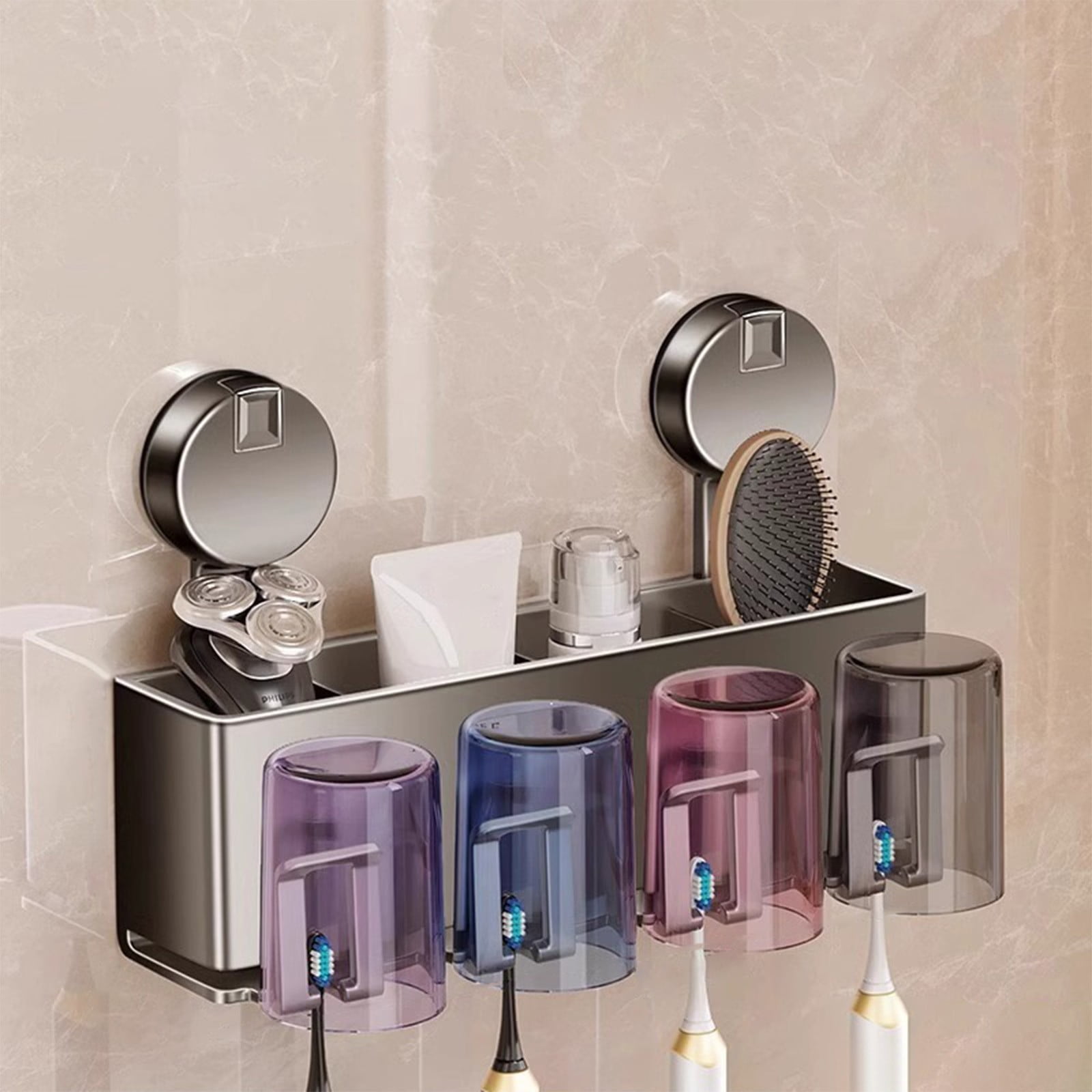 Cinvoph Wall Mounted Toothbrush Rack & 4 Cups Set Bathroom Organizer ...