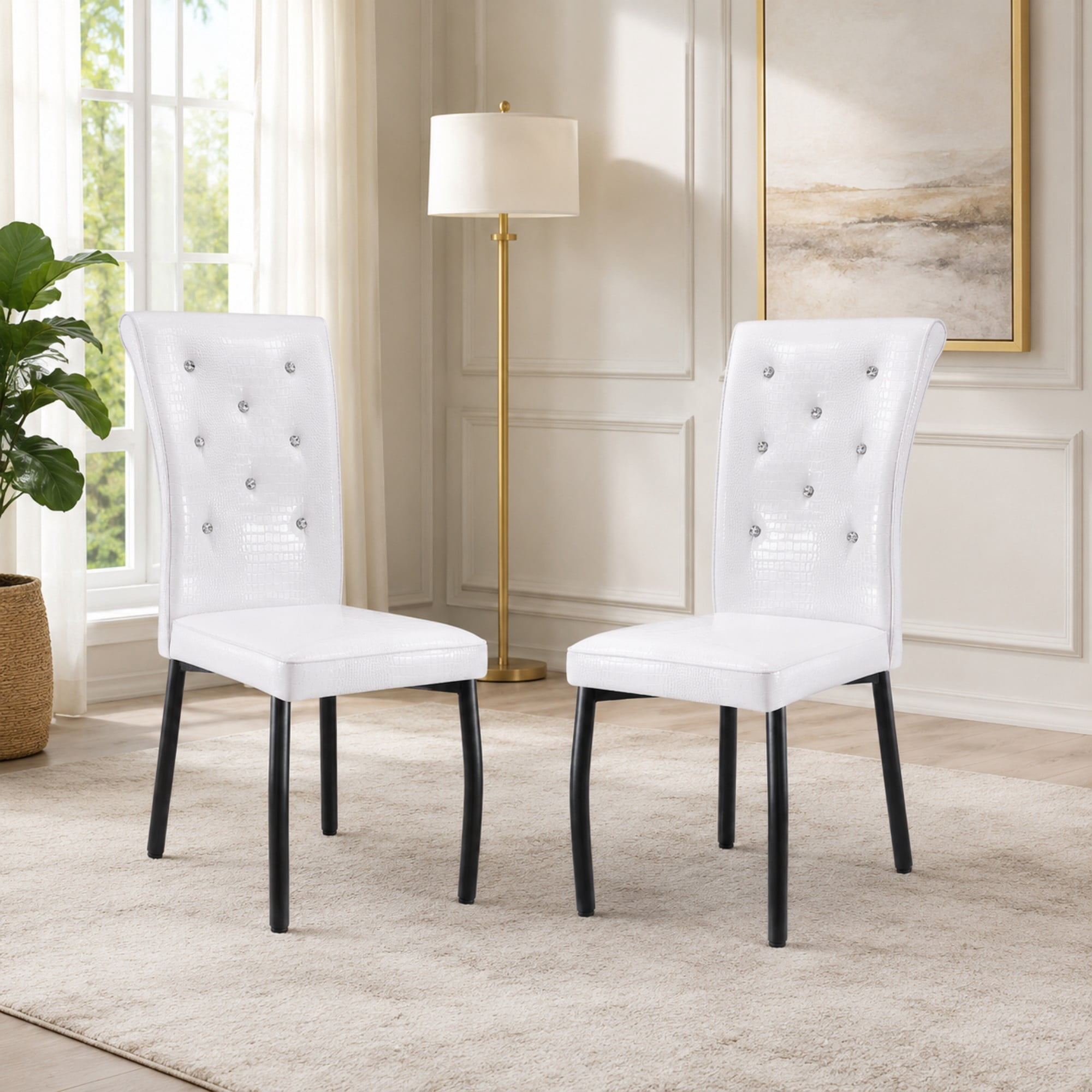 Ciphrias Crocodile PVC Leather Dining Chairs Set of 2 Crystal Tufted ...