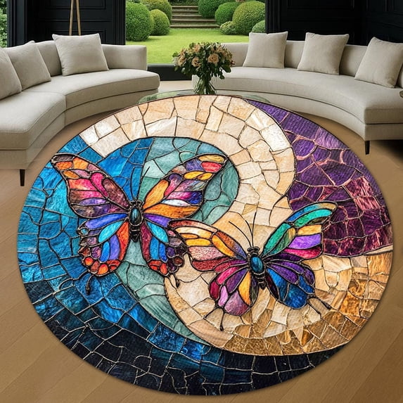 Circle Area Rug, Butterflies 2 Washable Non-Slip Floor Carpet, Soft Rug ...