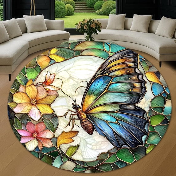 Circle Area Rug, Butterfly Flower Floral Pattern Washable Non-Slip ...