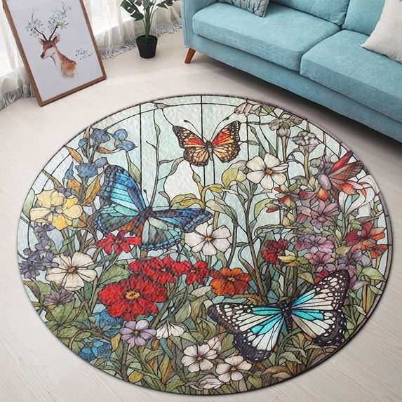 Circle Area Rug, Butterfly7 Washable Non-Slip Floor Carpet, Soft Rug ...