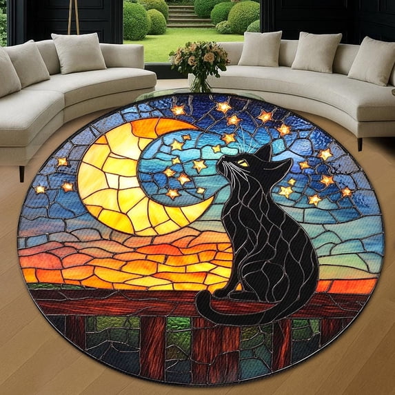 Circle Area Rug, Cat Moon Floral Pattern Washable Non-Slip Floor Carpet ...