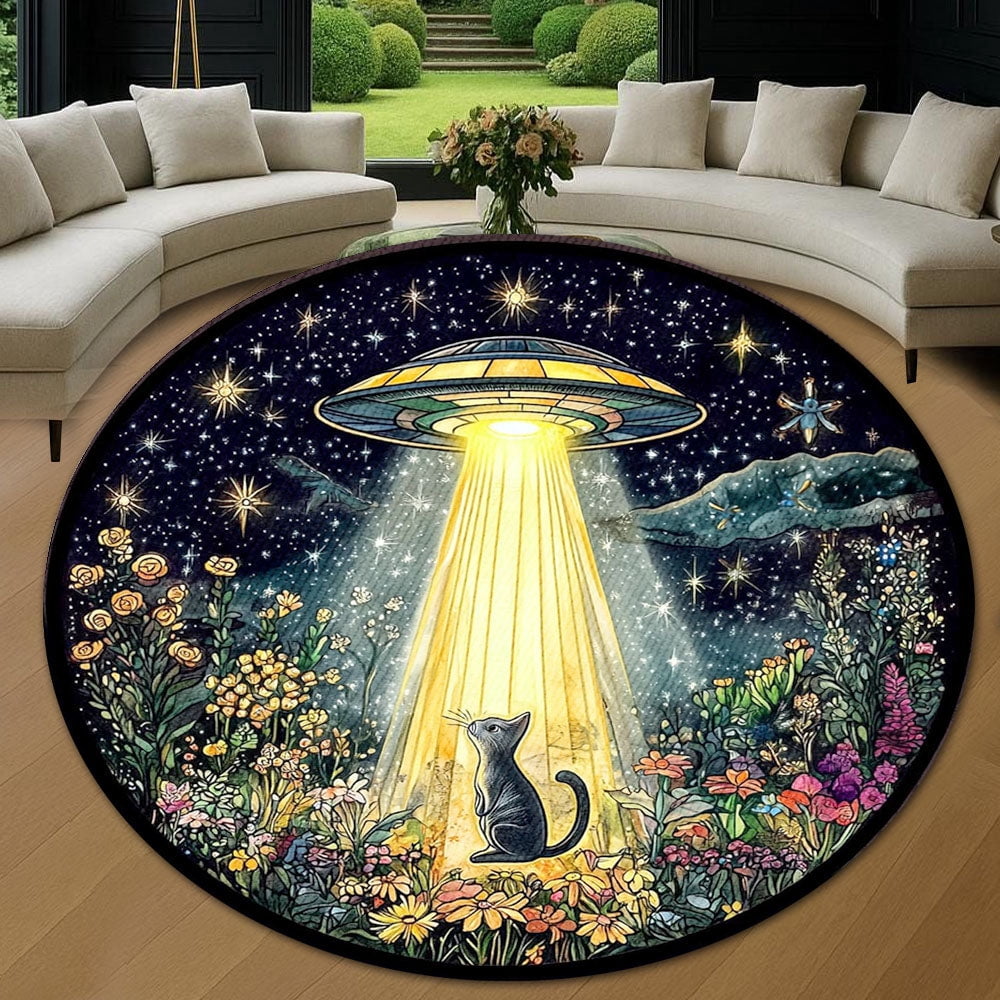 Circle Area Rug, Cat UFO Floral Pattern Washable Non-Slip Floor Carpet ...