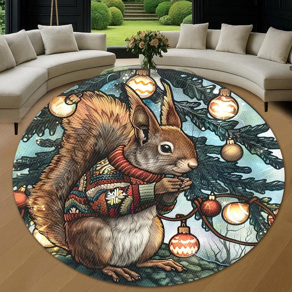 Circle Area Rug, Christmas Squirrel1 Washable Non-Slip Floor Carpet ...