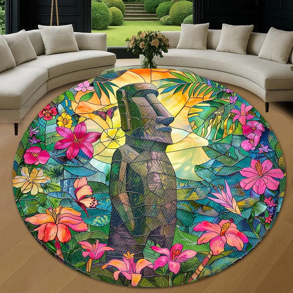 Circle Area Rug, Easter Moai Statue16 Washable Non-Slip Floor Carpet ...