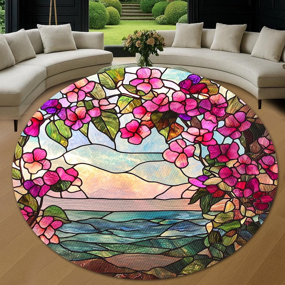 Circle Area Rug, Flower Wreath Nature Pattern Washable Non-Slip Floor ...