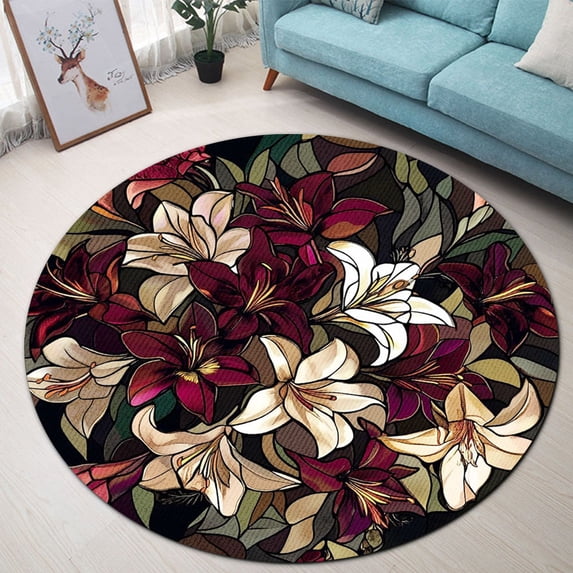 Circle Area Rug, Flowers 8 Cute Design Washable Non-Slip Floor Carpet ...