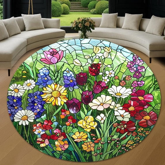 Circle Area Rug, Garden Cute Design Washable Non-Slip Floor Carpet ...