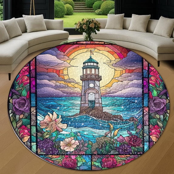 Circle Area Rug, Light House1 Washable Non-Slip Floor Carpet, Soft Rug ...