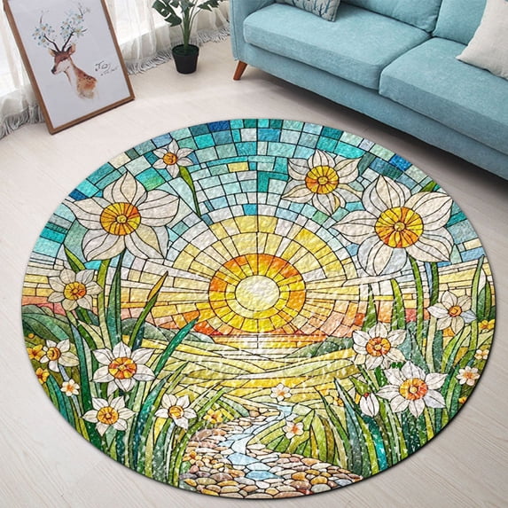 Circle Area Rug, Narcissus Flower Washable Non-Slip Floor Carpet, Soft ...