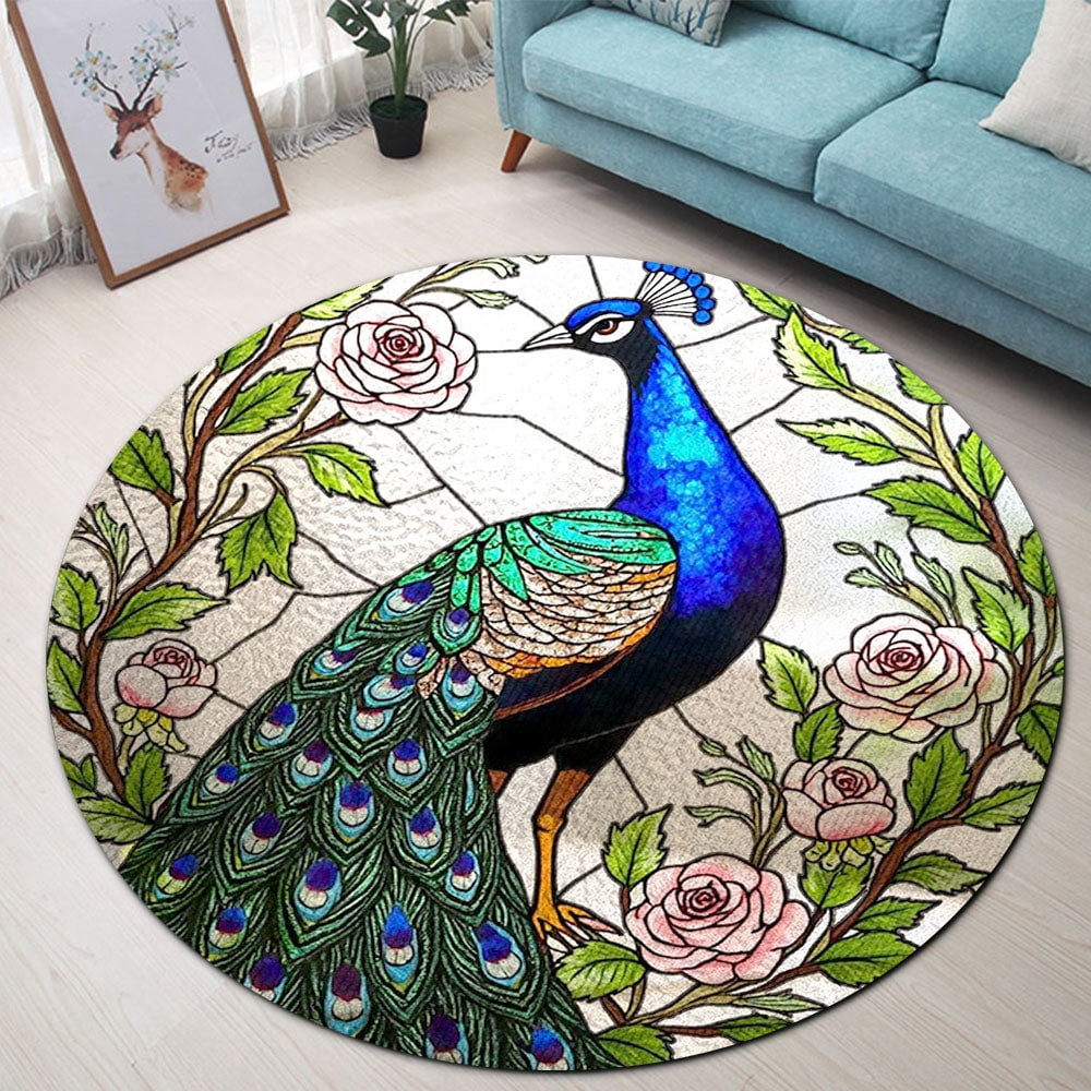 Circle Area Rug, Peacock1 Washable Non-Slip Floor Carpet, Soft Rug for ...