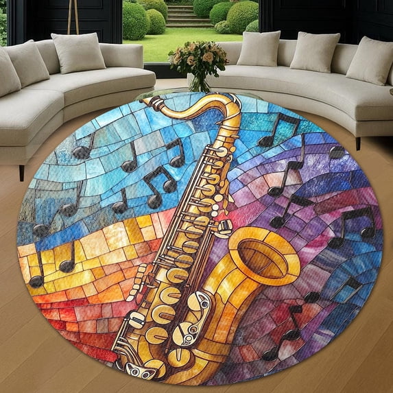 Circle Area Rug, Saxophone Faux Washable Non-Slip Floor Carpet, Soft ...
