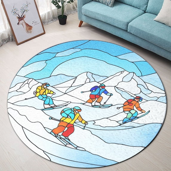Circle Area Rug, Skiing Art Design Washable Non-Slip Floor Carpet, Soft ...