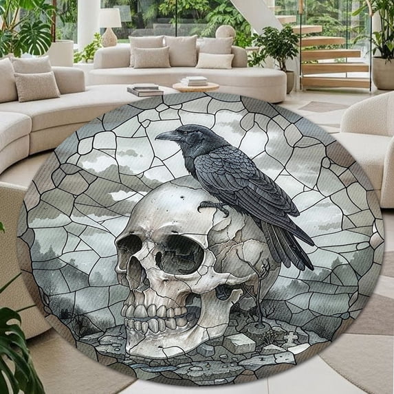 Circle Area Rug, Skull Crow Washable Non-Slip Floor Carpet, Soft Rug ...