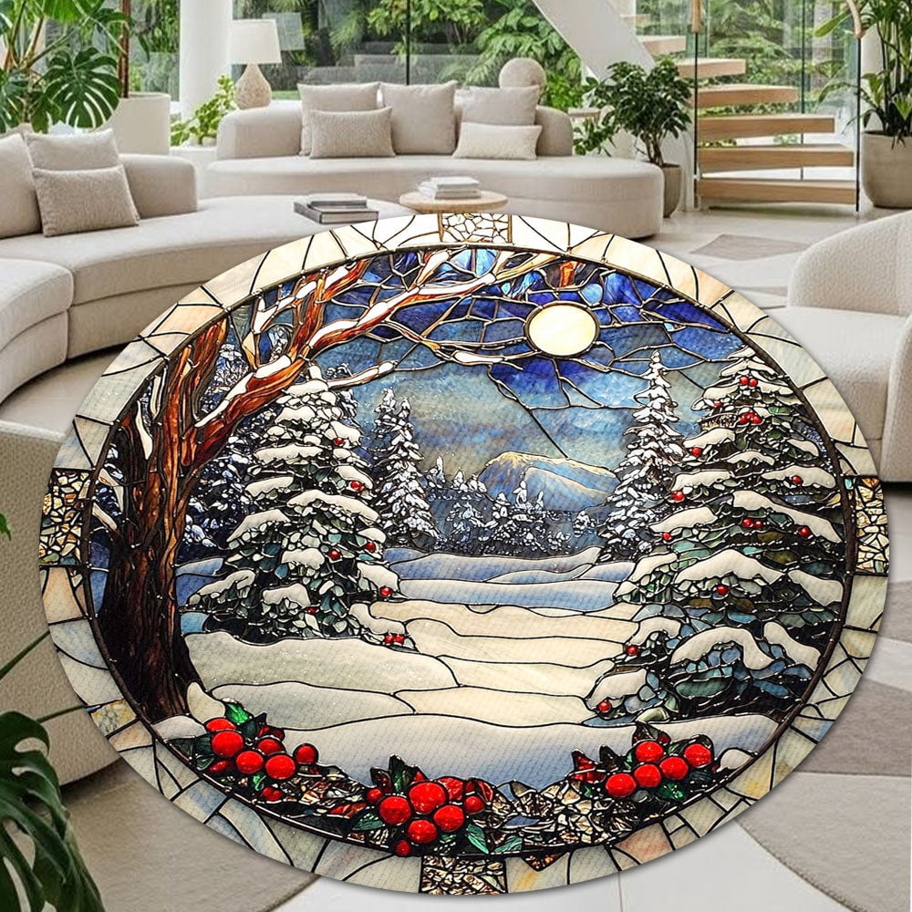 Circle Area Rug, Snow Scene Washable Non-Slip Floor Carpet, Soft Rug ...