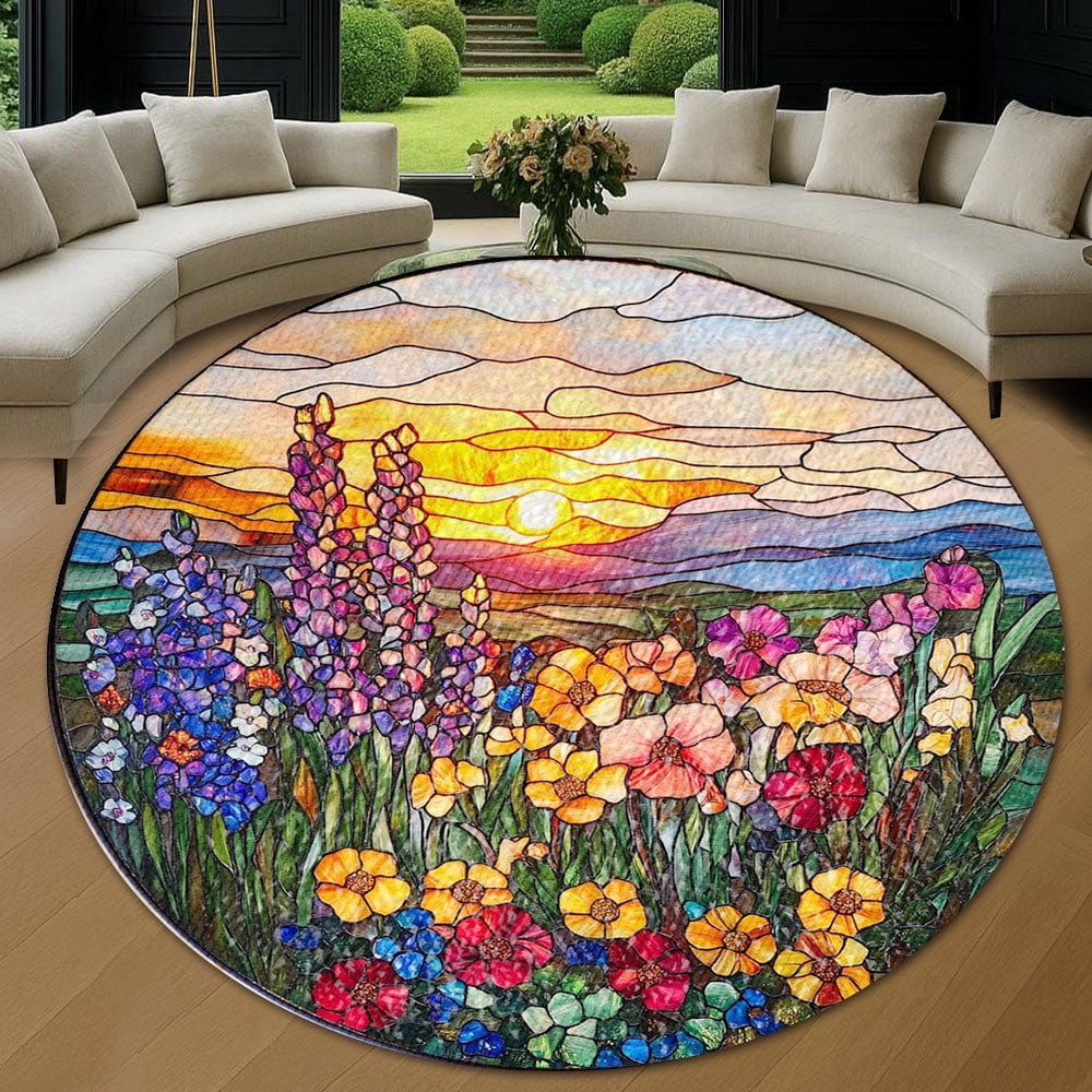 Circle Area Rug, Sunset Wildflowers Washable Non-Slip Floor Carpet ...