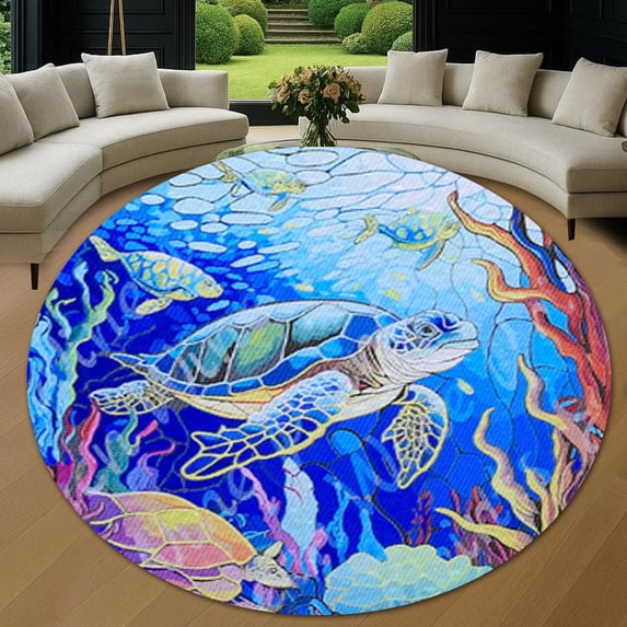 Circle Area Rug, Turtle Art Design Washable Non-Slip Floor Carpet, Soft ...