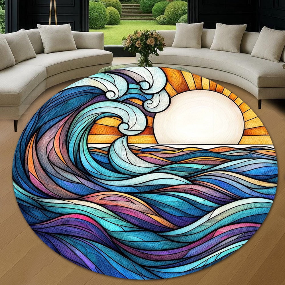 Circle Area Rug, Wave Art Design Washable Non-Slip Floor Carpet, Soft ...