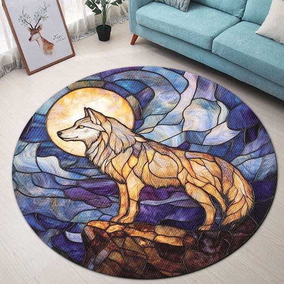 Circle Area Rug, Wolf Moon Washable Non-Slip Floor Carpet, Soft Rug for ...