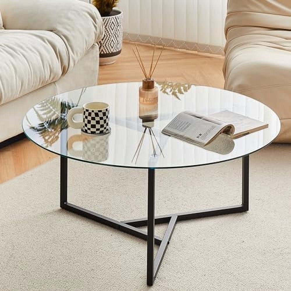 Circle Coffee Table with Tempered Glass Top, Stylish Round Glass Coffee ...
