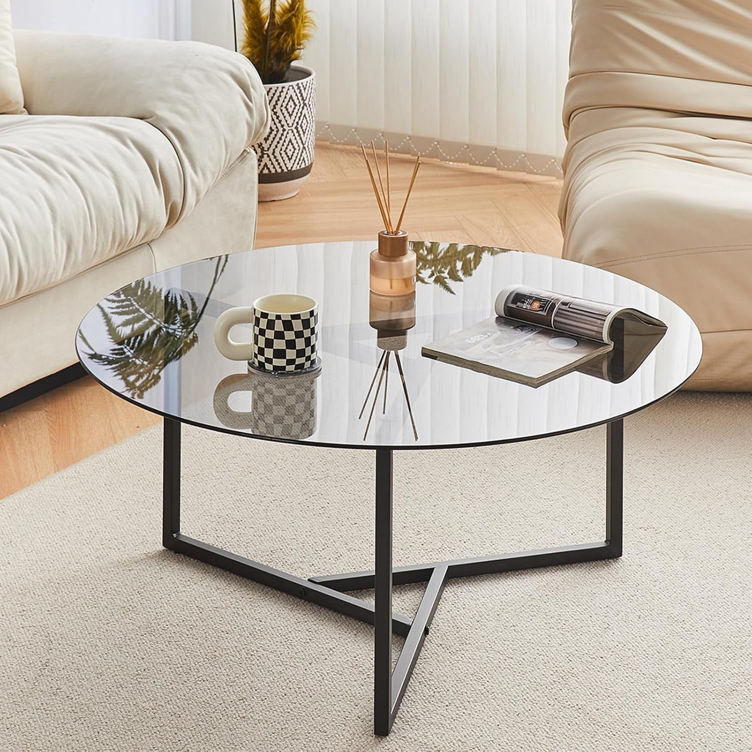 Circle Coffee Table with Tempered Glass Top, Stylish Round Glass Coffee ...