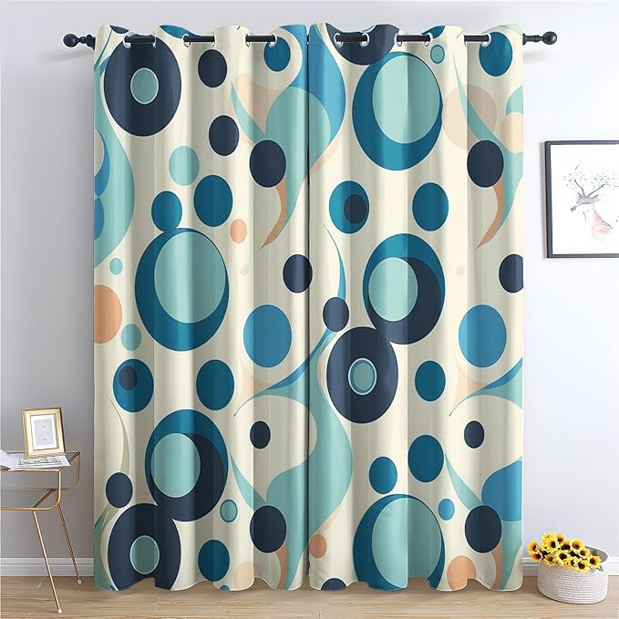 Circle Curtains Set, Blue Geometry Blackout Curtains For Living Room ...