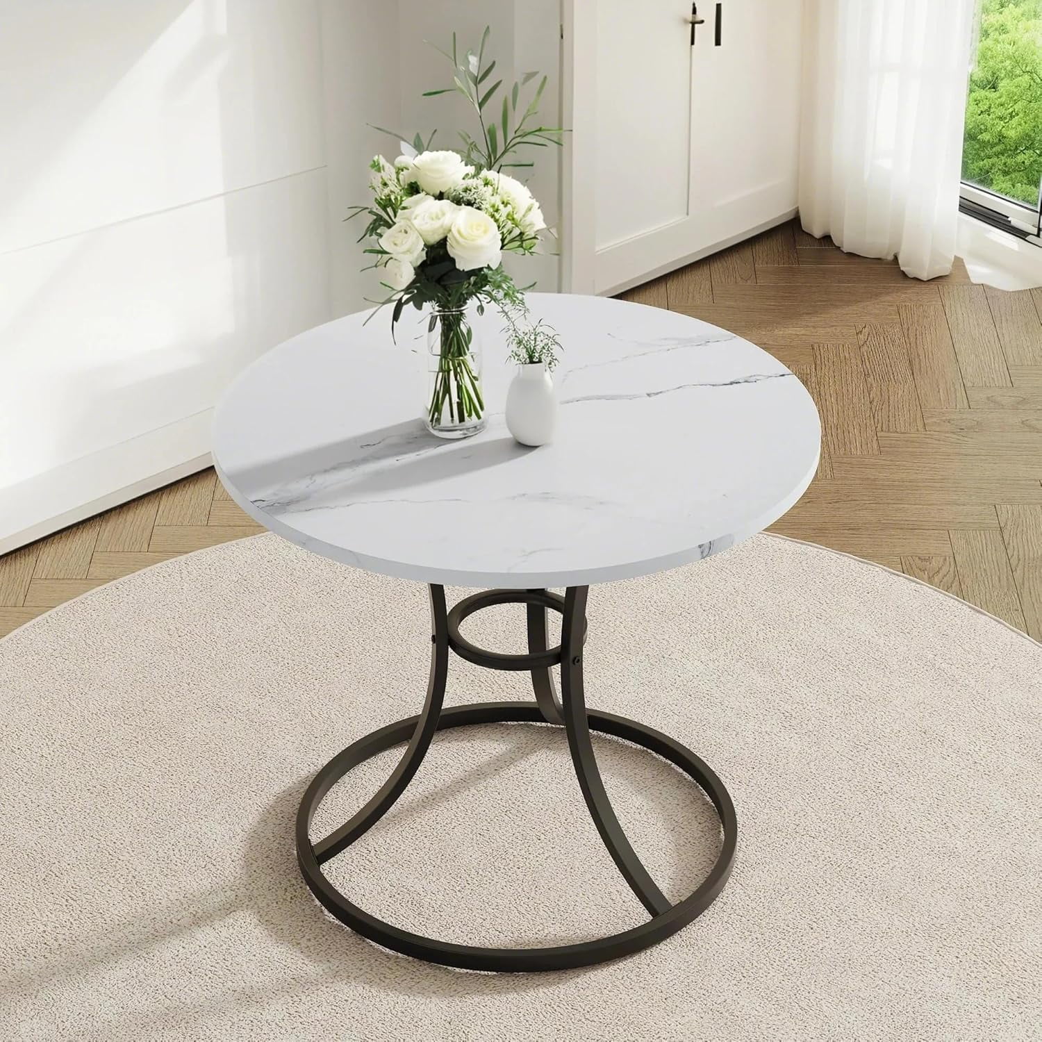 Circle Dining Table, Small Dining Room Table, 33" White Faux Marble Top ...