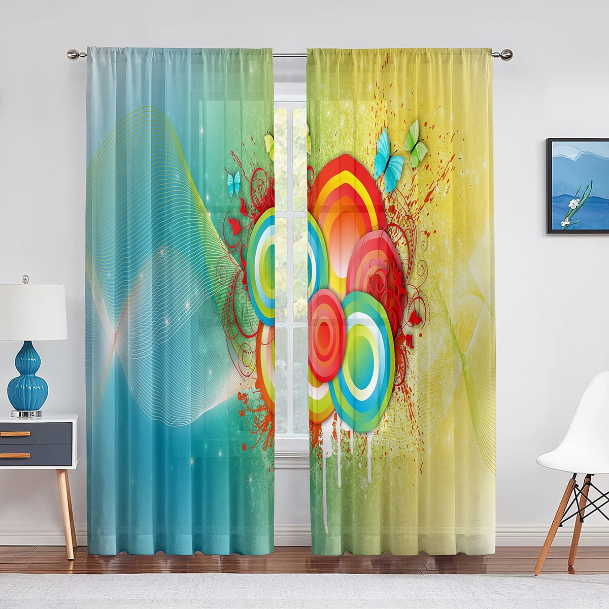 Circle Geometry Printed Voile Curtain Stripe Line Art Chiffon Window ...