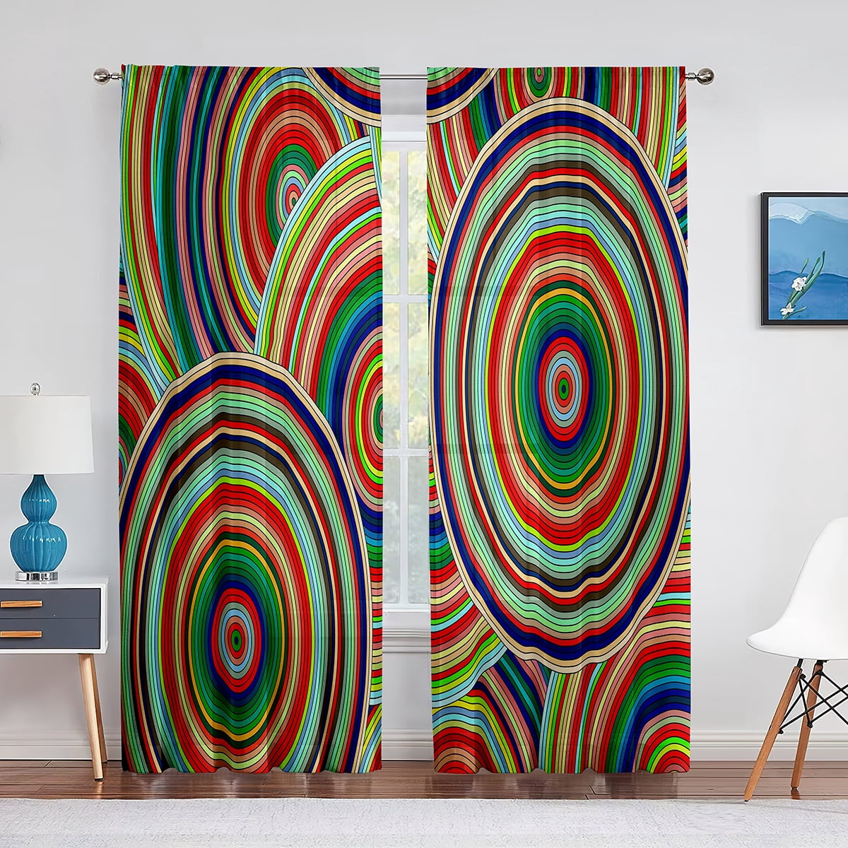 Circle Geometry Printed Voile Curtain Stripe Line Art Chiffon Window ...