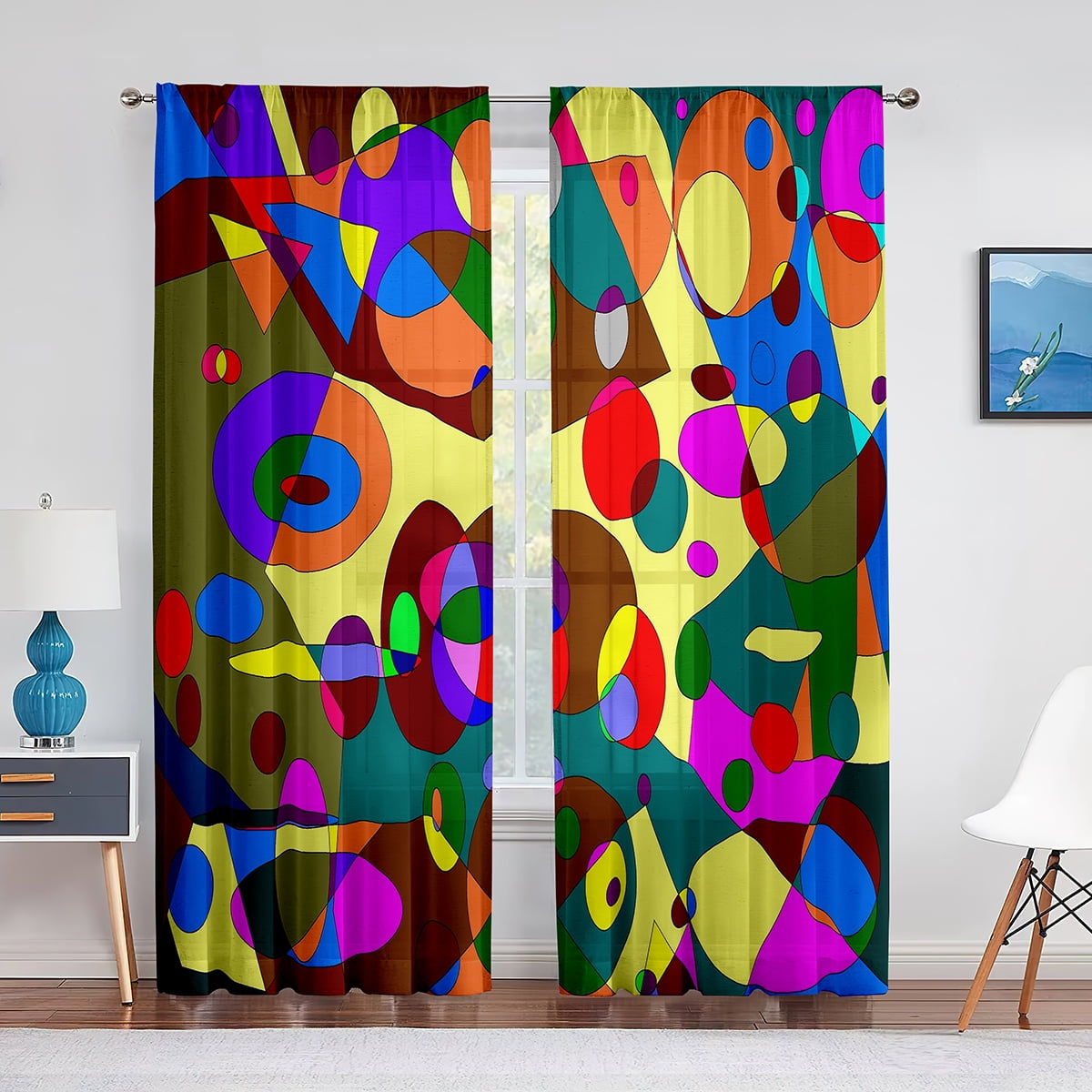 Circle Geometry Printed Voile Curtain Stripe Line Art Chiffon Window ...