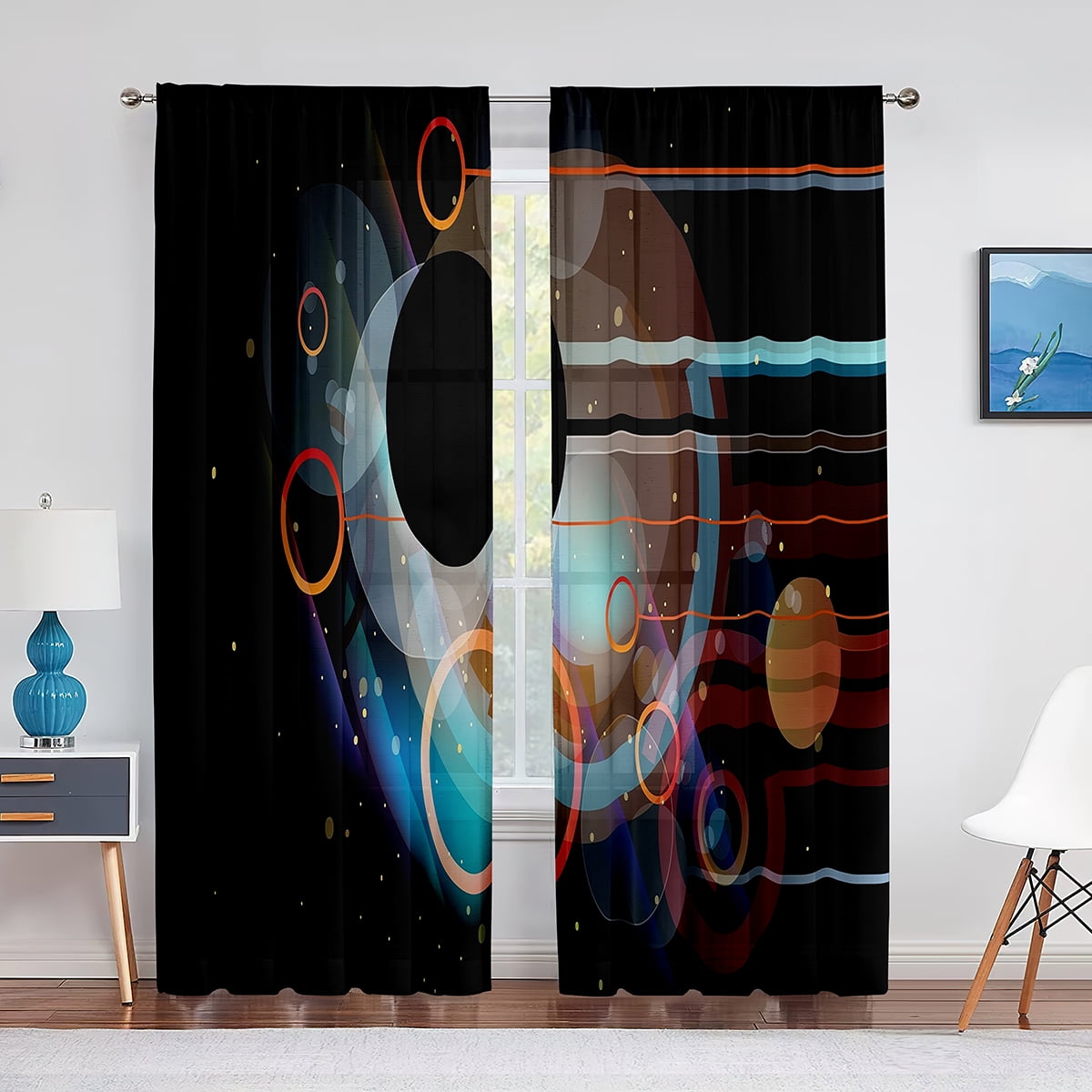 Circle Geometry Printed Voile Curtain Stripe Line Art Chiffon Window Tulle Curtains Living Room ...