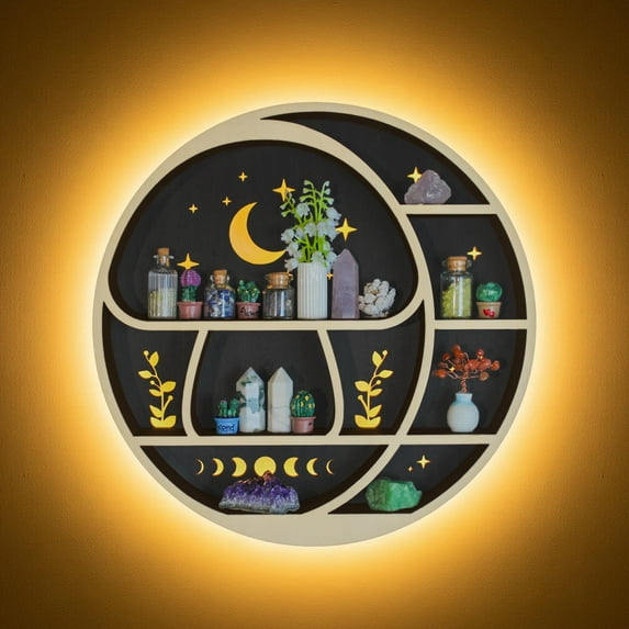 Circle Mushroom on The Moon Wall Shelf with LED Light, Wooden Trinket ...