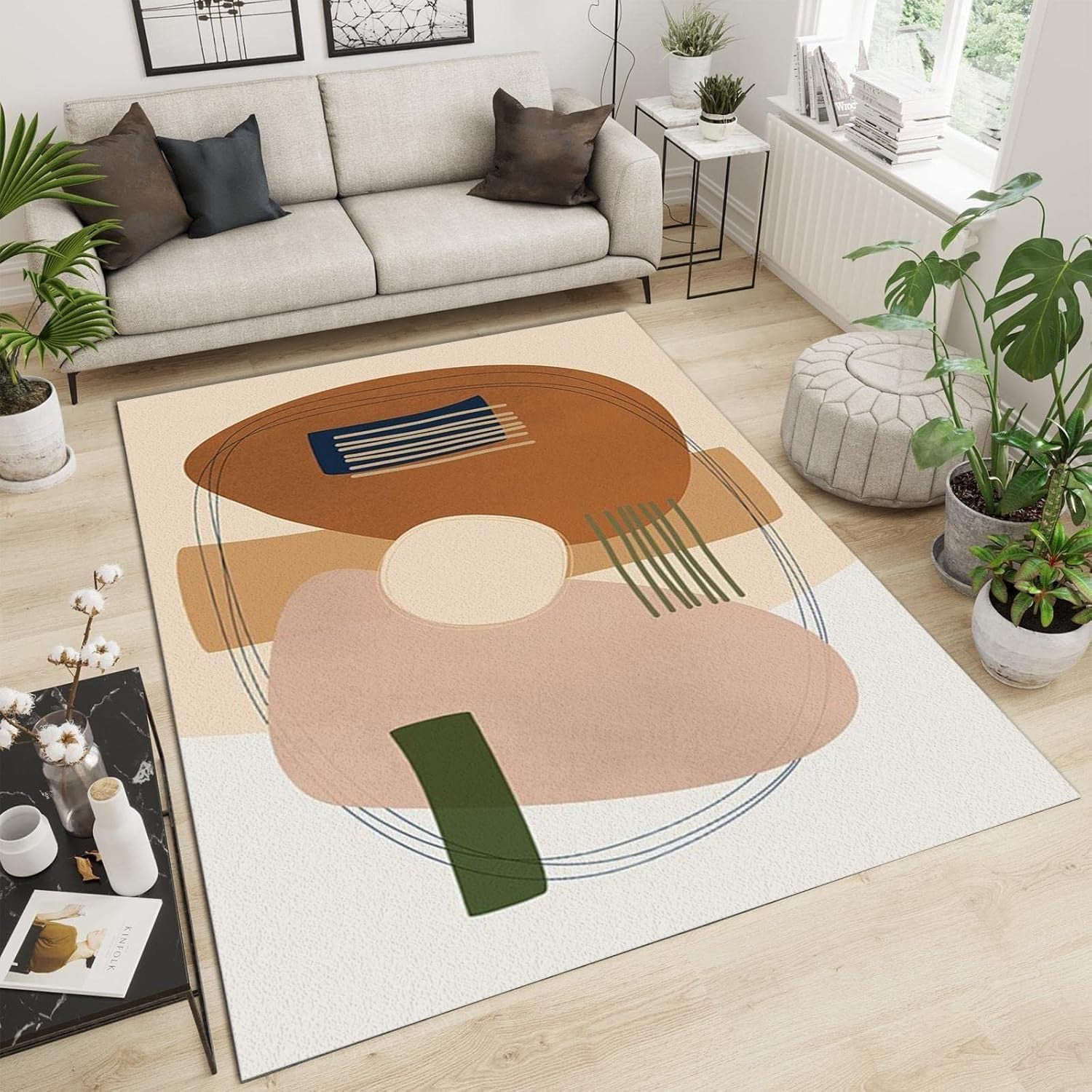 Circle Pink Green Line Area Rugs, Simple Mid Century Rug, Washable Soft ...