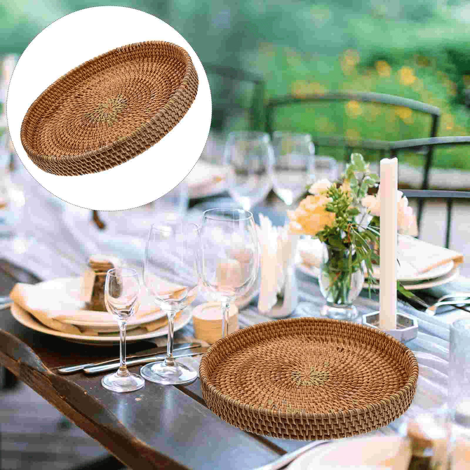 Circle Tray Vanity Stool Rattan Storage Basket Multi-function Coffee ...