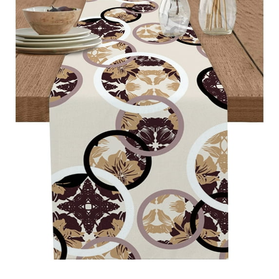 Circled Leaves And Flowers Hand-Painted Khaki Table Runner ration Home ...