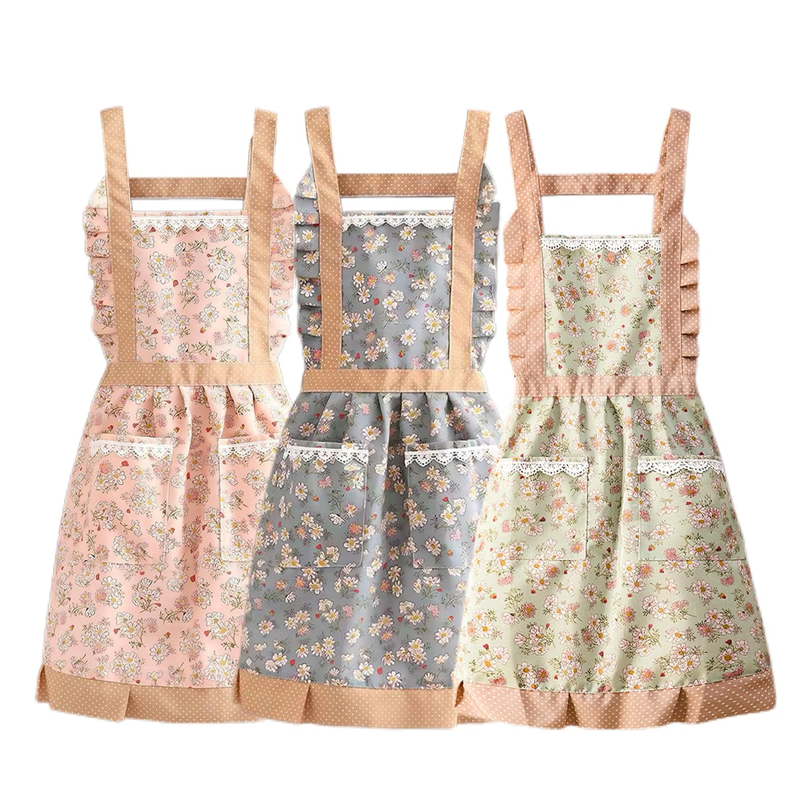 Circles 3 Pieces Floral Apron for Women with Pockets, Waterproof Apron ...