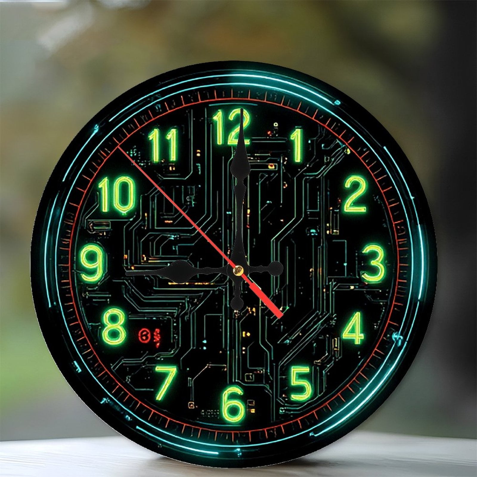 Circuit Board Clock Neon Wall Clock 10-Inch Silent Wooden Wall Clock ...
